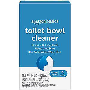 Amazon Basics Toilet Bowl Cleaners Tablets with Oxygen Bleach, Unscented, Blue, 5 Count, Pack of 1
