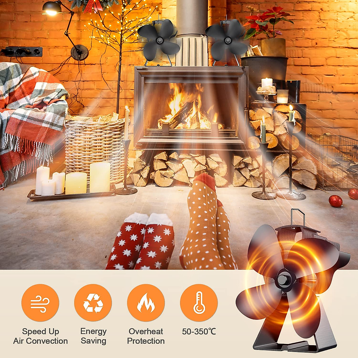 Reusii Heat Powered Stove Fan - Upgrade 4 Blade Silent Wood Stove Fan, non-Electricity Bidirectional Heat Conduction Fireplace Fan for Home Wood Log Burning, Circulating Warm Air and Eco Friendly