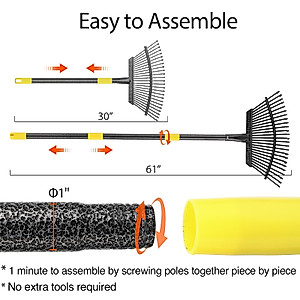 Collapsible Rake for Leaves, 30-61 inch Metal Leaf Rakes for Lawns Heavy Duty Extended Handle, 25 Tines 18" Wide Rake Garden Tools for Camping, Yard, Landscape, Pine Needle and Grass