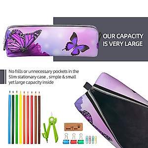 Ykklima Leather Pencil Case - Butterfly on Purple Flowers Pattern, Stationery Bag Pen Organizer Makeup Cosmetic Holder Pouch for School Work Office College