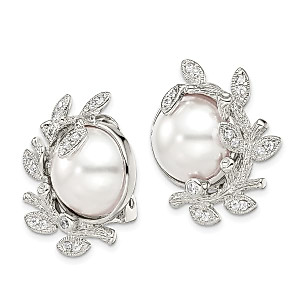 925 Sterling Silver Simulated Pearl Cubic Zirconia CZ Leaf Non Pierced Clip On Earrings