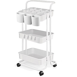 Azmall 3 Tier Utility Rolling Cart - Organizer Cart Storage Cart Makeup Cart Baby Tray Cart with Trolley Handles for Office Bathroom Bedroom (White)