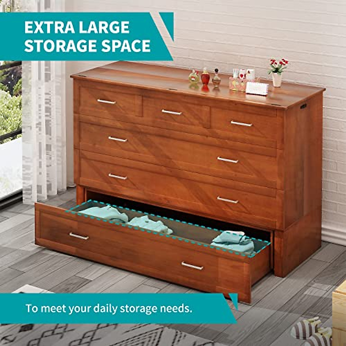 BALUS Modern Murphy Bed Cabinet with Mattress,Muti-Functional Cube Cabinet Bed with USB Charging Station&2 Large Drawers&3 Level Folding Foam Mattress for Apartment/Living Room/Loft,Queen (Redwood)