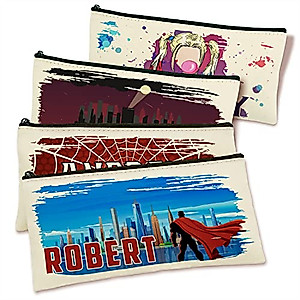 Personalized Super Hero Pencil Case w/Name Students - Custom Superhero Pen Box Birthday Gifts Boys Girls - Customized Canvas Pencils Cases Box - 10''x6'' - Man Pencil Pouch Spider Bat Design C1 Beige