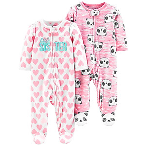 Simple Joys by Carter's Baby Girls' Fleece Footed Sleep and Play, Pack of 2, Pink Heather Panda/White Hearts, 6-9 Months