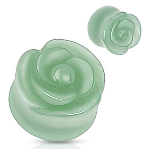 Covet Jewelry Green Aventurine Semi Precious Stone Rose Carved on Single Side Double Flared Plug (1/2" (12mm))