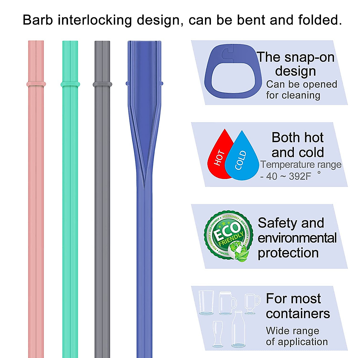 Reusable Silicone Straws-Snap Straw-Openable Design, BPA Free, Easy Cleaning No Cleaning Brush and Easy to Carry, Hot and Cold Compatible (4 Colors)