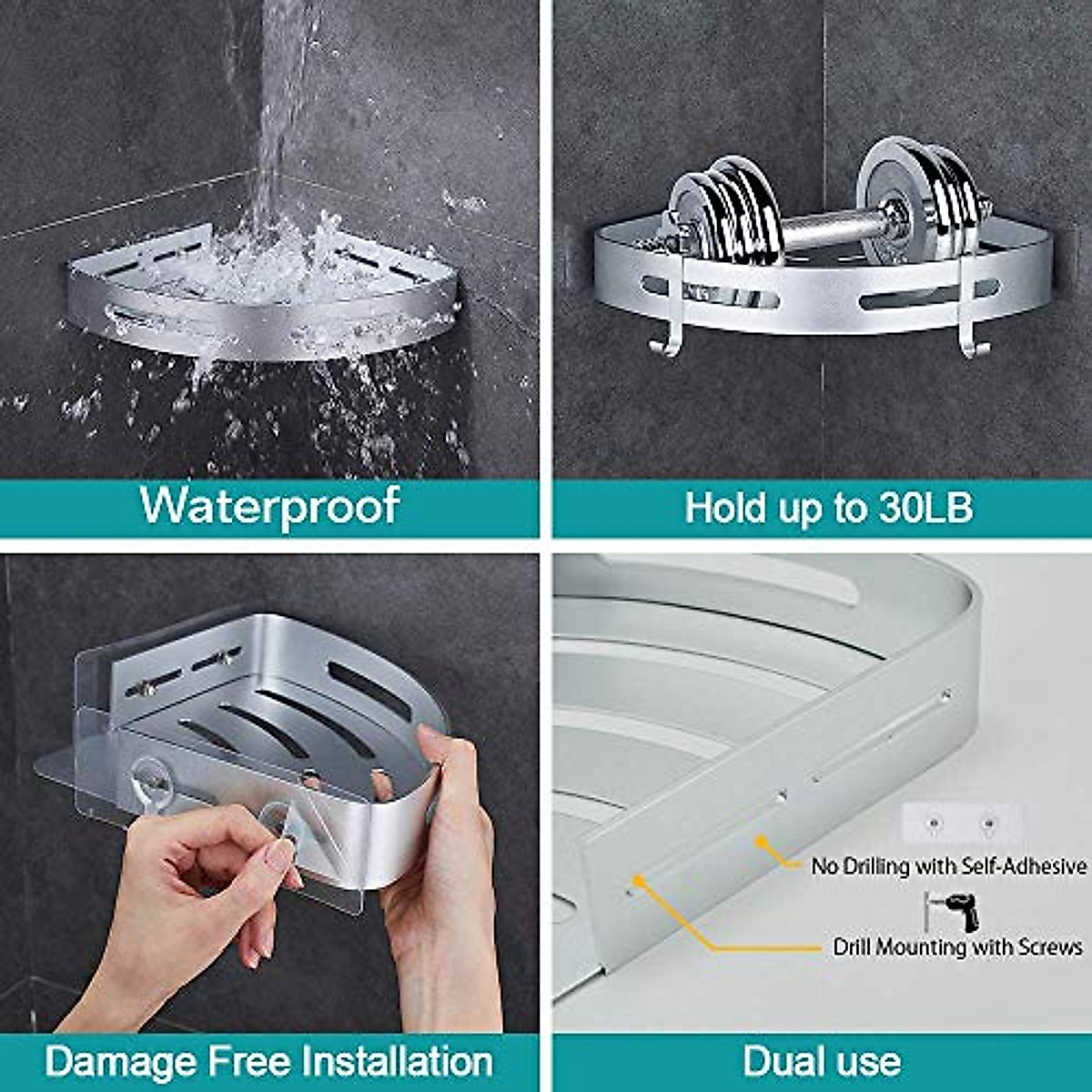 GRICOL Shower Shelf Corner Adhesive Bathtub Caddy Wall Mounted Bathroom No Drill Aluminum Basket Storage for Shampoo Kitchen Organizer with Razor Holder-2 Pack