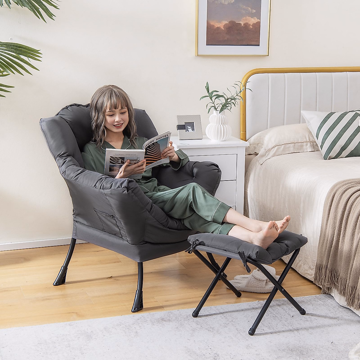 Giantex Lazy Chair with Ottoman, Accent Sofa Chair with Folding Footrest, Side Storage Pocket, Upholstered Leisure Lounge Armchair with Stool for Bedroom, Living Room, Office, Gray