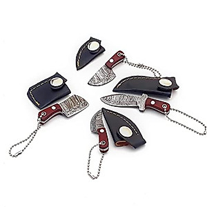 Afhzam Handmade Damascus Steel Knife Set Mini Chef Knives | HandForged EDC Knife Set Tiny Knife Cleaver for Package Opener Box Cutter | Keychain Small Knife 4-Piece Set with Sheath (Mini_KNF-1)