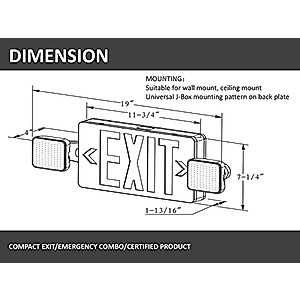 Garrini LED Emergency Light Combo Exit Sign Rectangular Adjustable Lamp 2-Heads UL Certified GC4 for Apartments Hotels Hospitals Offices