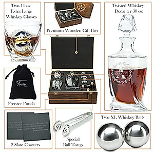 Personalized Whiskey Decanter and Stones Set - Customized Gift for Him - Men, Dad, Father - Engraved Twisted Whiskey Decanter, 2 XL Glasses, 2 XL Balls, 2 Coasters, Tongs, Pouch in Wooden Gift Box