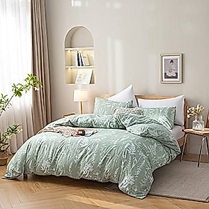 JANZAA 3 Pieces Duvet Cover, Queen, Sage Green, Floral Comforter Cover with Zipper Closure 4 Ties (2 Pillow Cases)