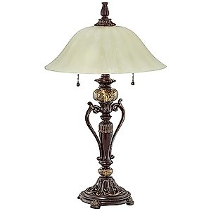 MACIUM Collection Glass Shade Table Lamp in Bronze, Bronze Finish, Alabaster Champagne Glass, with Twin Light Pulls for Easy Lighting Control