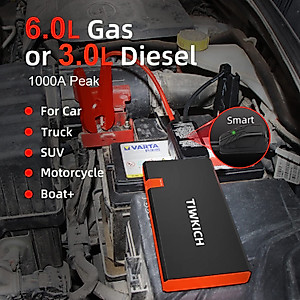 TIWKICH A13 Car Jump Starter 1000A (Up to 5.0L Gas and 2.0L Diesel Engines),12V Lithium Auto Portable Battery Charger jumpstart Booster Pack with LED Light and Tpy-c