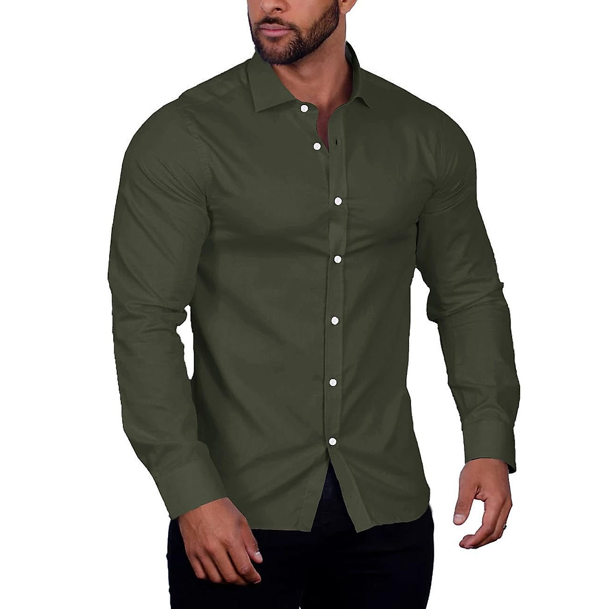 COOFANDY Men's Muscle Fit Dress Shirts Wrinkle-Free Long Sleeve Casual Button Down Shirt Olive Green