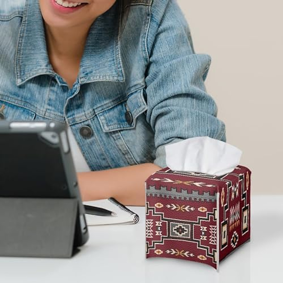 Gearider PU Leather Tissue Box Holder, Brown Aztec Tribal Modern Square Tissue Box Cover Decorative Paper Facial Case Dispenser for Bathroom, Office, Car, Home Decor