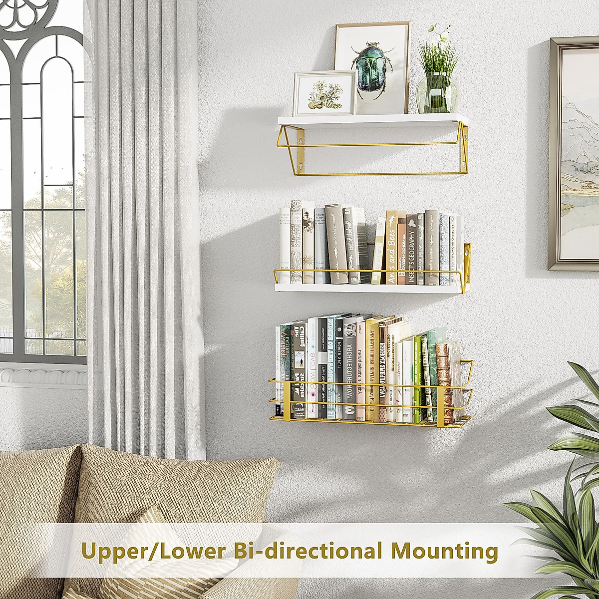 Love-KANKEI Floating Shelves Wall Mounted, Bathroom Shelves Over Toilet with Towel Bar,Wall Shelves with Storage Wire Basket, Wood Shelves for Bedroom Kitchen Living Room Books, Set of 3, White