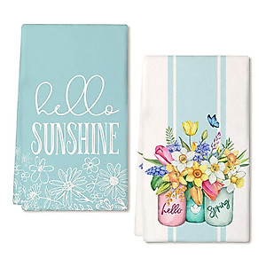 GEEORY Kitchen Towels for Spring Summer Decor Floral Mason Jar Dish Towels 18x26 Inch Ultra Absorbent Bar Drying Cloth Flower Sign Hand Towel for Kitchen Bathroom Party Home Decorations Set of 2 Blue