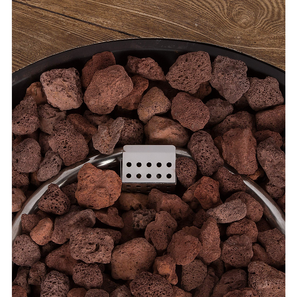 Shine Company Merida 40 in Round 50,000 BTU Outdoor Glass Fiber Reinforced Concrete Propane Gas Fire Pit Table w/GFRC Tabletop, Stainless Steel Burner, Lava Rocks, Natural Wood Look - Brown