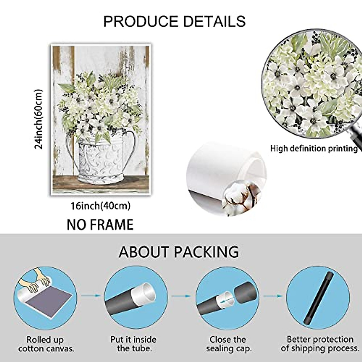 Rustic Floral Wall Art Country Bathroom Wall Decor Farmhouse Style Poster White Flower Canvas Prints Jar Flower Wall Art Home Decor for Bathroom Bedroom Living Room 16x24 Inch No Frame