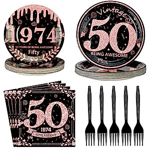 96 Pcs 50th Birthday Party Supplies Party Paper Plates Napkins,Rose Gold Women Party Decorations Favors, 50th Birthday Tableware Set for 24 Guests Women Birthday Supplies