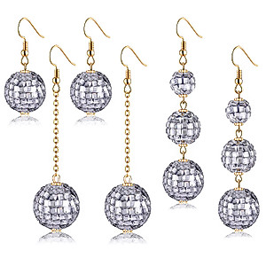 YAHPERN 3Pairs Disco Ball Earrings for Women, 60s 70s Outfits Costume Accessory, Statement Dance Party Mirror Ball Dangle Earrings Halloween Holiday Gifts (Silver)