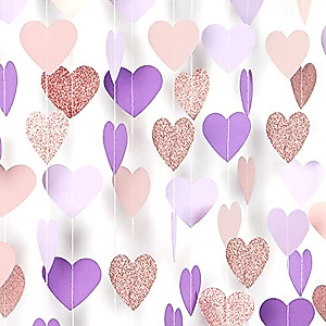 Rose-Gold Pink-Purple Party-Decorations Heart Garland - 52Ft Streamers Baby Shower Decorations Girl Women Birthday Hanging Paper Banner,Valentines Day Wedding Engagement Decor Lasting Surprise