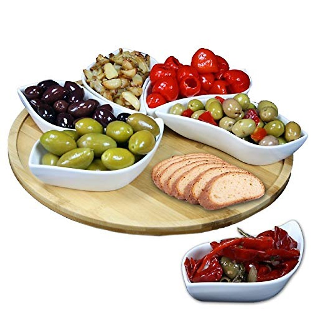 Elama Signature EL-170 Modern 13.5 in. Lazy Susan Appetizer & Condiment Server Set with 6 Unique Design Serving Dishes & A Bamboo Lazy Suzan Serving Tray - 7 Piece