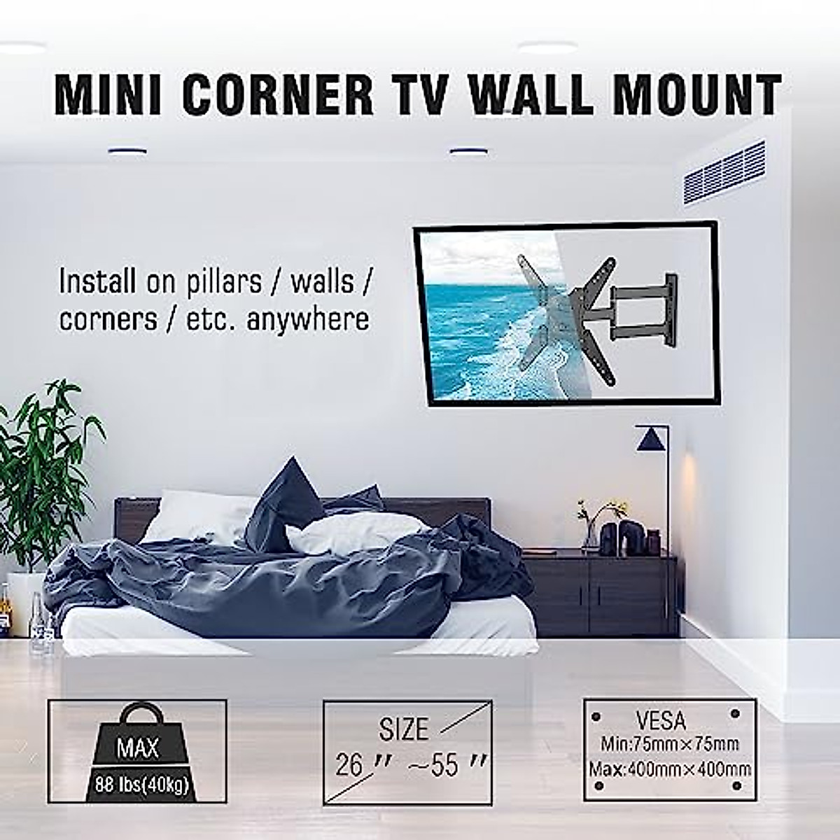 FORGING MOUNT Corner TV Wall Mount Single Stud Articulating Arm Full Motion TV Bracket for Most 26-55" Flat Curved TVs with Tilt, Swivel and Extends 18inch, Holds 88lbs, Max VESA 400x400mm