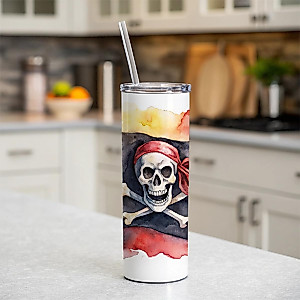 Pirate Jolly Roger Skull Crossbones Flag Watercolor Skinny Tumbler 20oz with Straw Insulated Water Bottle Gift