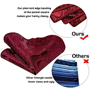 ROBERTO GABBANI Mens Burgundy Silk Tie and Pocket Square Cufflinks Clip Set, Designer Woven Necktie Set for Wedding Business Prom