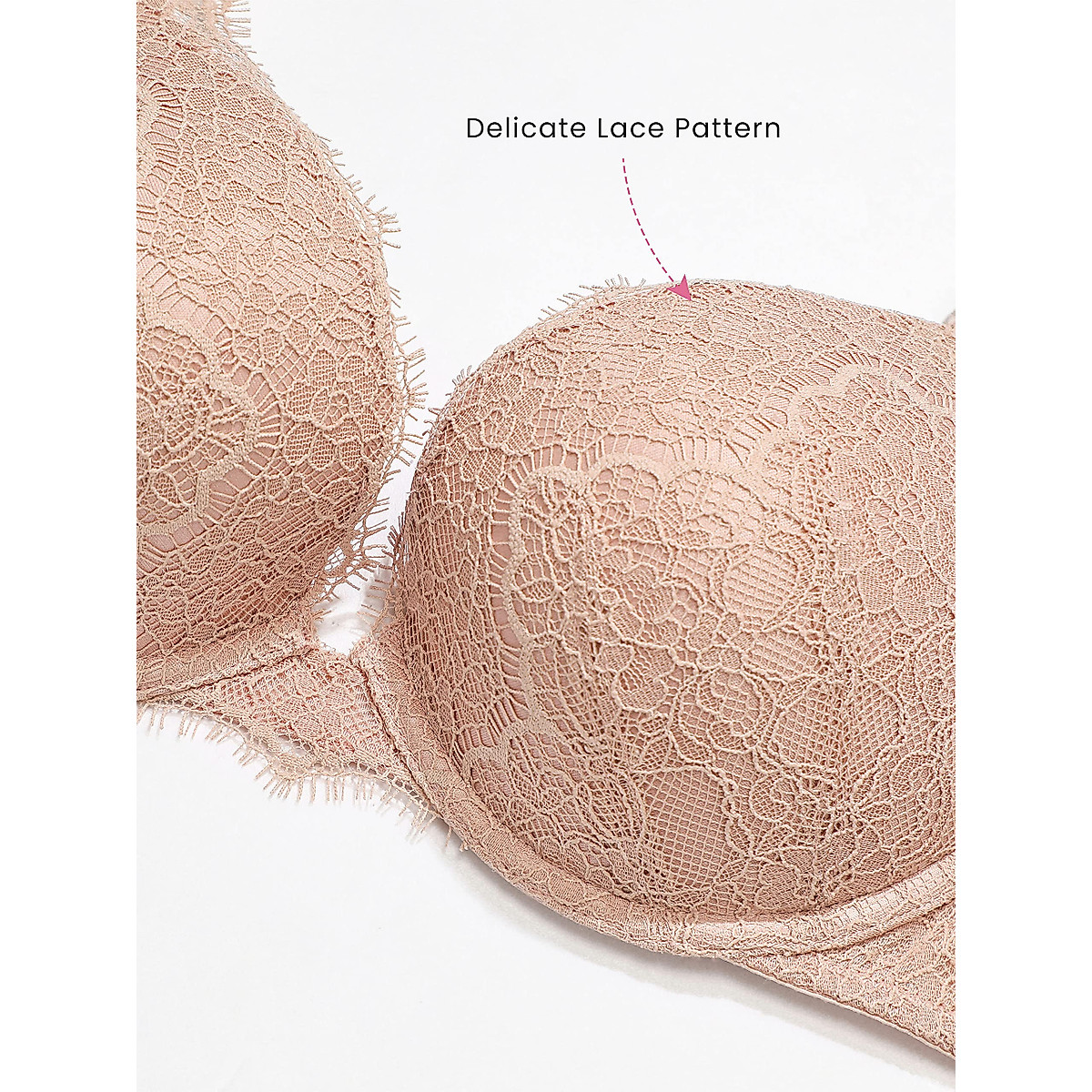 DOBREVA Women's Push Up Bra Eyelash Lace Sexy Cleavage Underwire Support Plunge Bras Blush Beige 32B