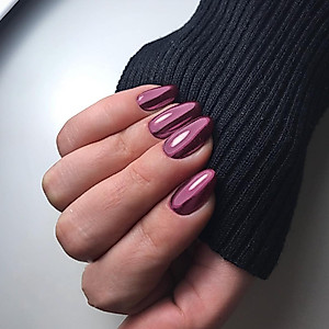 Chrome Dark Red Press on Nails Almond Shaped Nails Press ons, Medium Fake Nails Short Almond Acrylic Nails Glue on Nails Medium False Nails for Women Thick Natural Gel Stiletto Almond Nails 24Pcs