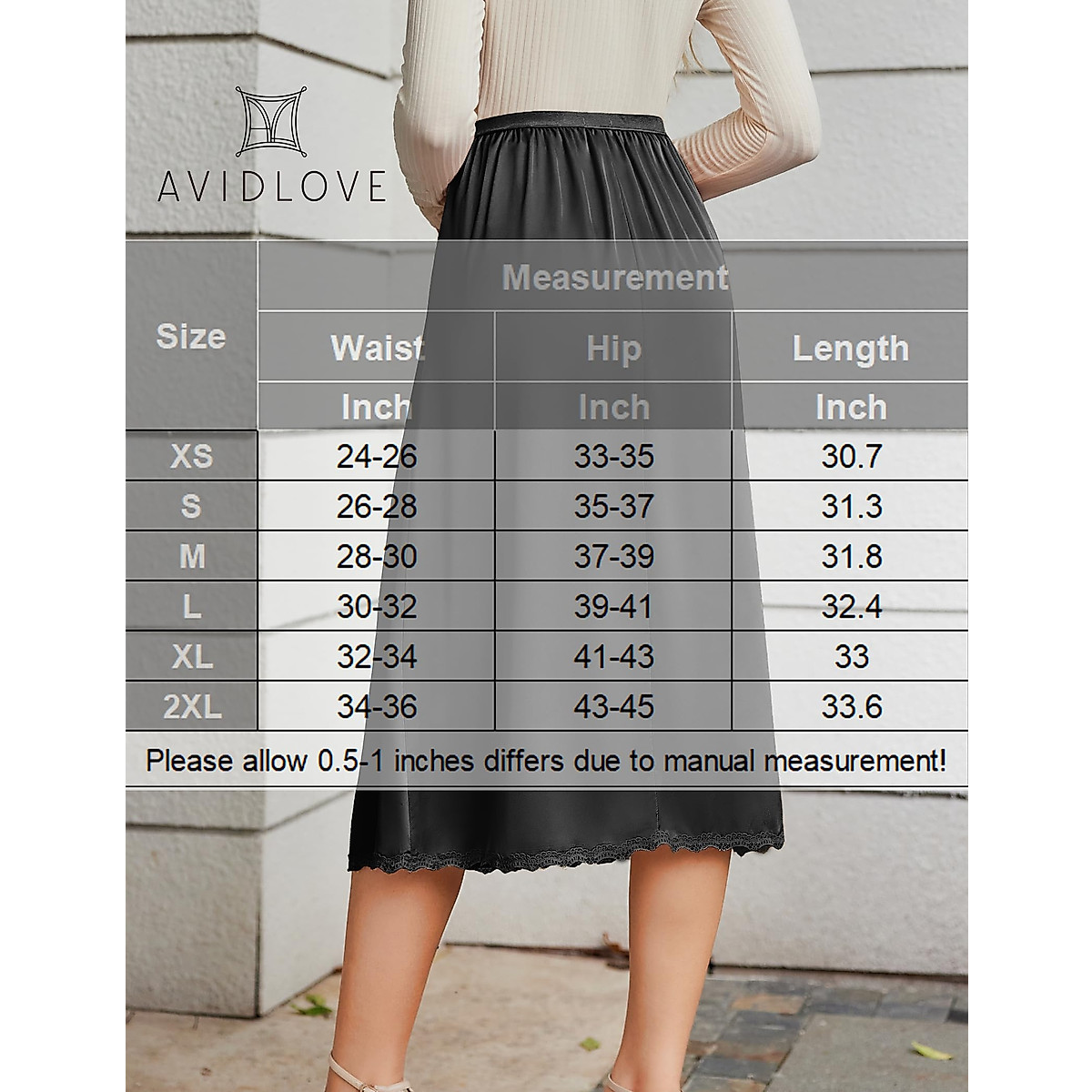 Avidlove Women's Flare 36" Long Satin Half Slip with Lace Trim(Black,L)