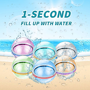 Reusable Water Balloons Quick Fill Self Sealing, Refillable Water Balls for Kids Aldult, Water Bomb Splash Balls for Pool, Outdoor Water Toys Balloons for Water Fight Game, Summer Fun Party, 6 Pack