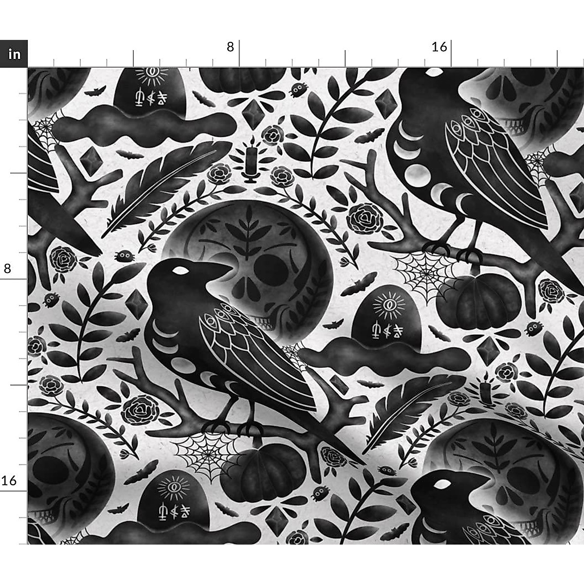 Spoonflower Fabric - Dark Halloween Night Raven Magic Feather Gothic Bats Skull Printed on Petal Signature Cotton Fabric Fat Quarter - Sewing Quilting Apparel Crafts Decor