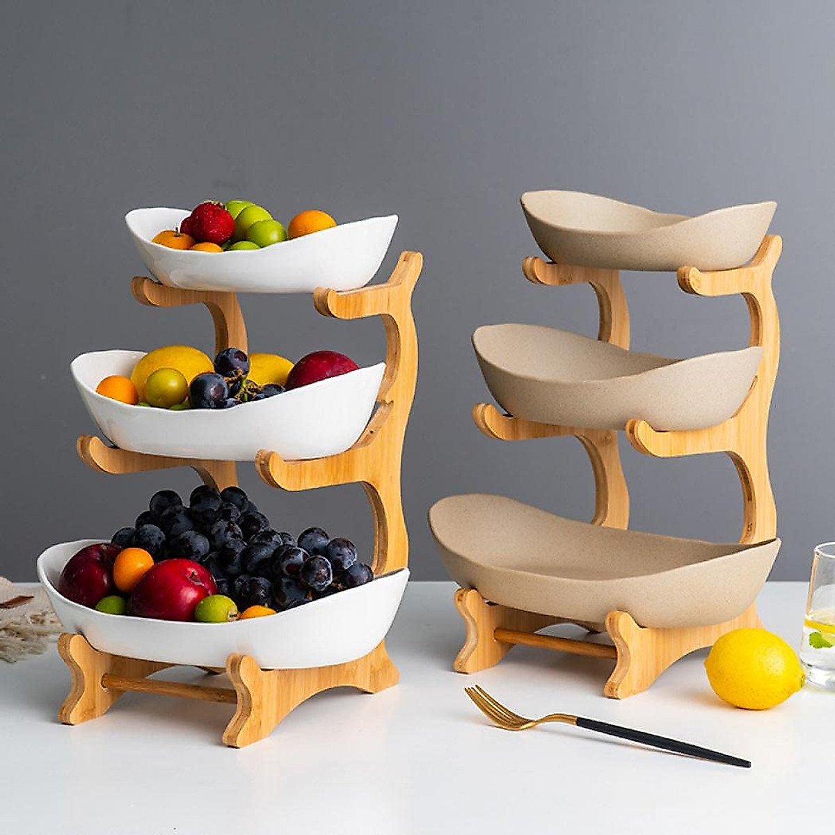 XUDREZ 3 Tier Fruit Basket for Kitchen Counter, 11"*8.6"*13" Ceramic Fruit Bowl for Kitchen Counter, Large Capacity Fruit Bowl Set with Holder, Bamboo Fruit Serving Tray (Porcelain)