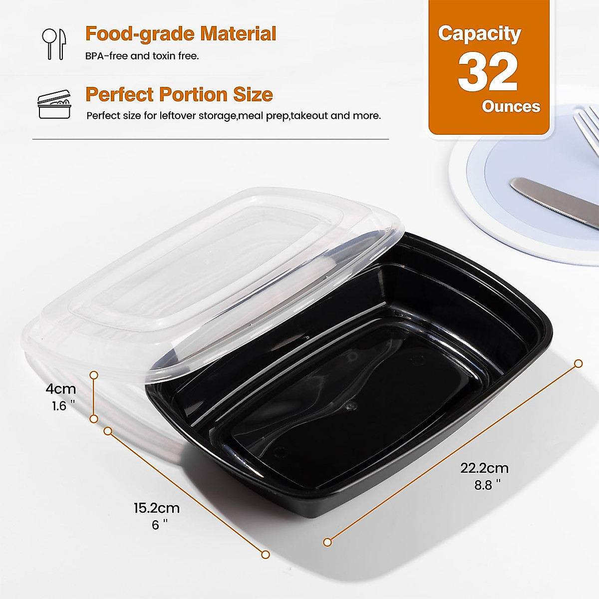 Glotoch Meal Prep Container Reusable,50Pack 32oz Plastic Food Prep Containers with Lids,BPA Free,Microwave, Dishwasher Safe Disposable To Go Containers for Food,Leftover,Single Compartment