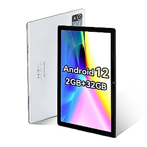 XCX Android 12 Tablet, 10 inch Tablet with 64bit 4-Core Processor, 32GB ROM 2GB RAM Tablet Android, WiFi, Bluetooth, USB-C Rechargeable, Dual Camera (Silver)