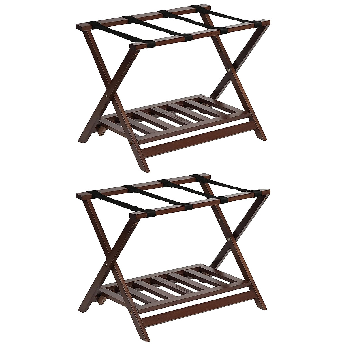 PJ Wood Portable Hotel Style Solid Wooden Folding Luggage Rack with Bottom Shoe Storage Shelf for House Guests or Travel, Walnut (2 Pack)