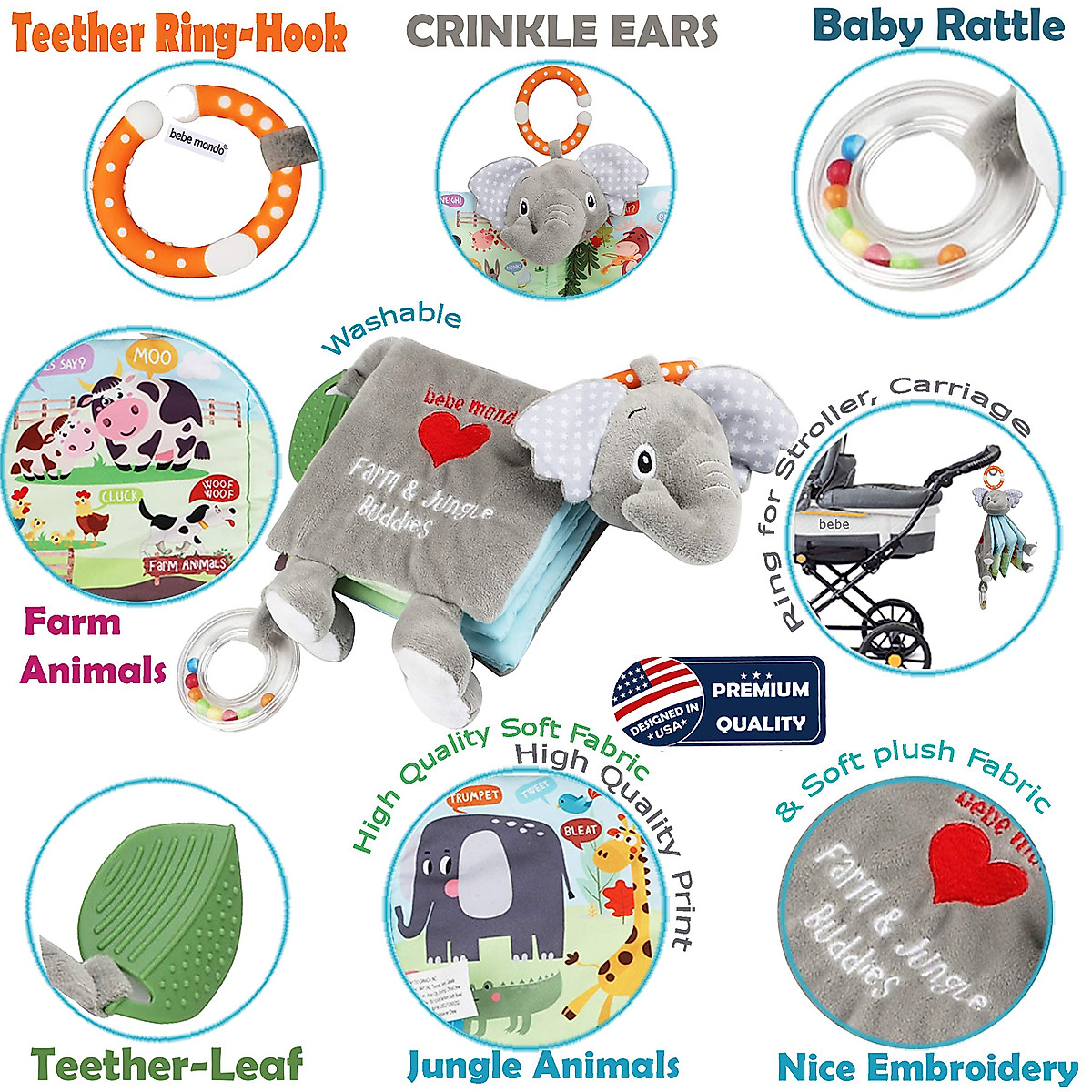 Fish Crinkle Books & Elephant Baby Rattle Toys for Newborn Babies Infants Toddlers 0-6, 6-12 and 12-18 Months, Books for 1-2 Year Old