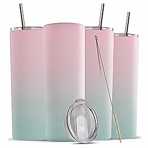 Insulated Skinny Stainless Steel Tumbler Set - 4-Pack 20oz Coffee Tumbler with Straw - Travel Coffee Mug With PBA Free Lids - Slim Vacuum Insulated Tumblers Keep Hot and Cold - Great for Home, Office.