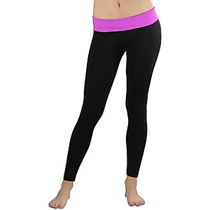 ToBeInStyle Women's Black Athletic Leggings with Fold-Over Contrast Waistband - Magenta