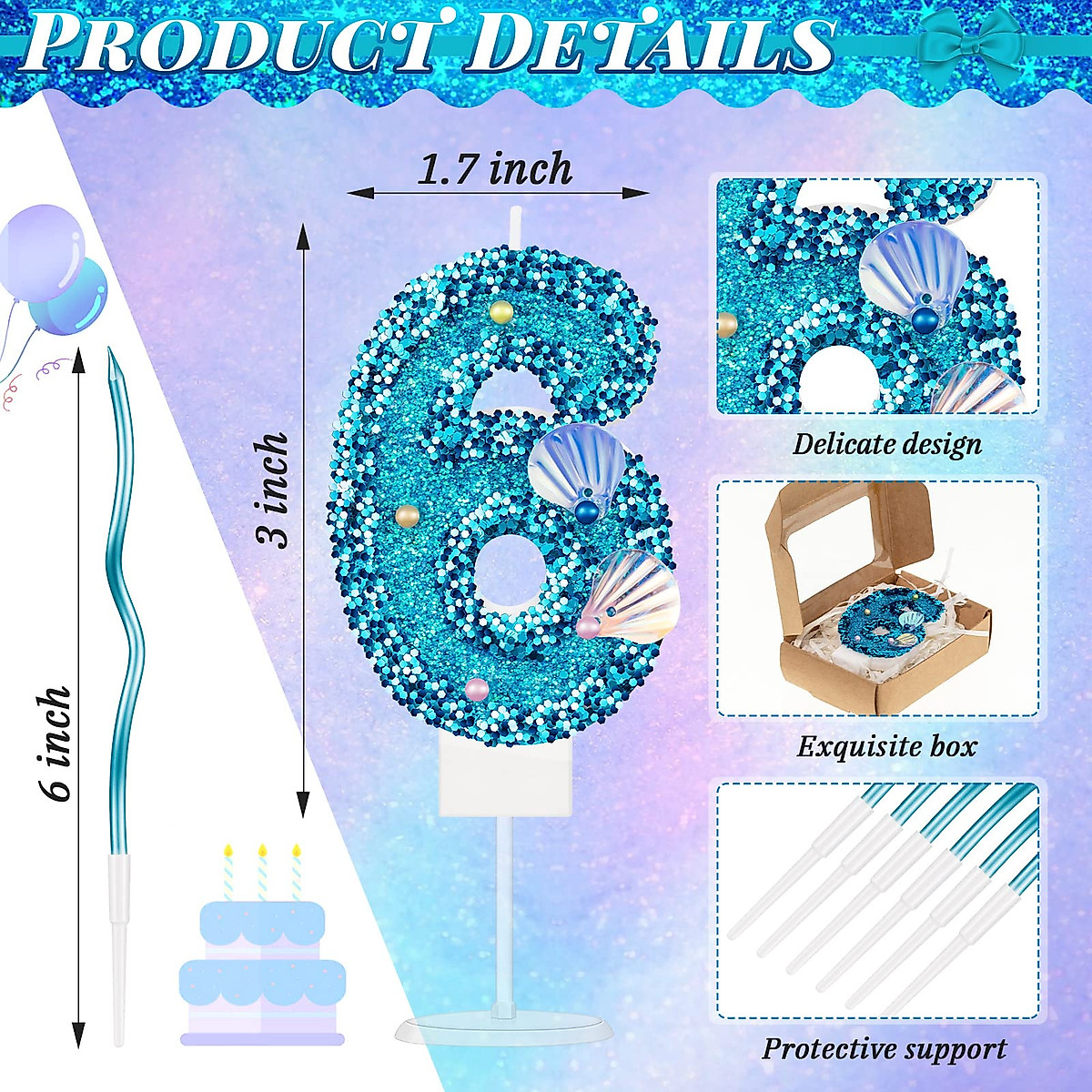 Landhoow 2.76 Inch Birthday Candle Shell Sequins Blue Candle with 6 Pcs 6.7 Inch Twisty Curly Coil Candles for Baby Girl Boy Birthday Cake Topper Anniversary Wedding Mermaid Party Decor(Number 6)
