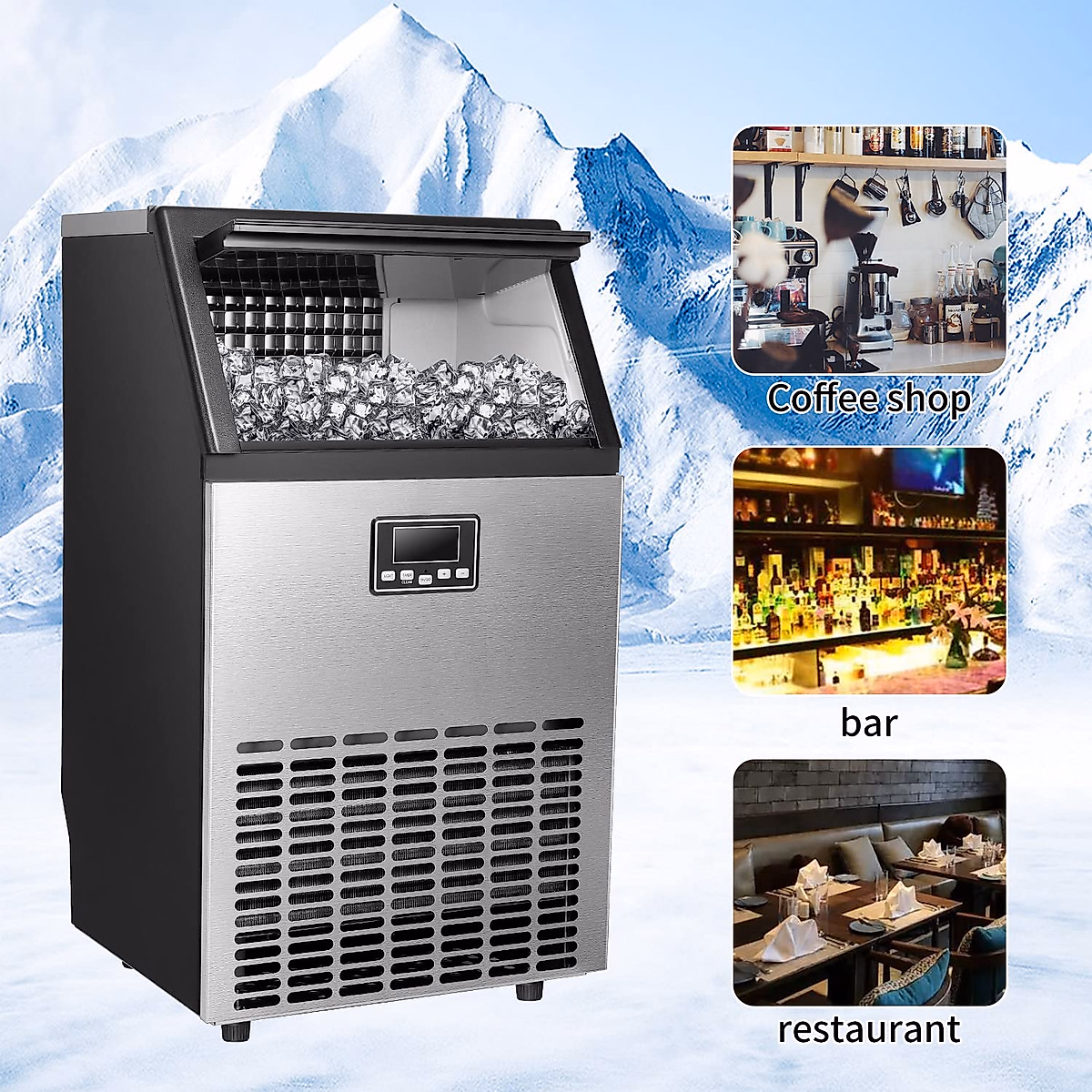 ZAFRO Commercial Ice Maker, 100lbs/24H Ice Machine with 33lbs Ice Bin, Self-Cleaning Under Counter Stainless Steel Freestanding Ice Maker for Restaurant/Bar/Cafe/Office Silver, Includes Scoop