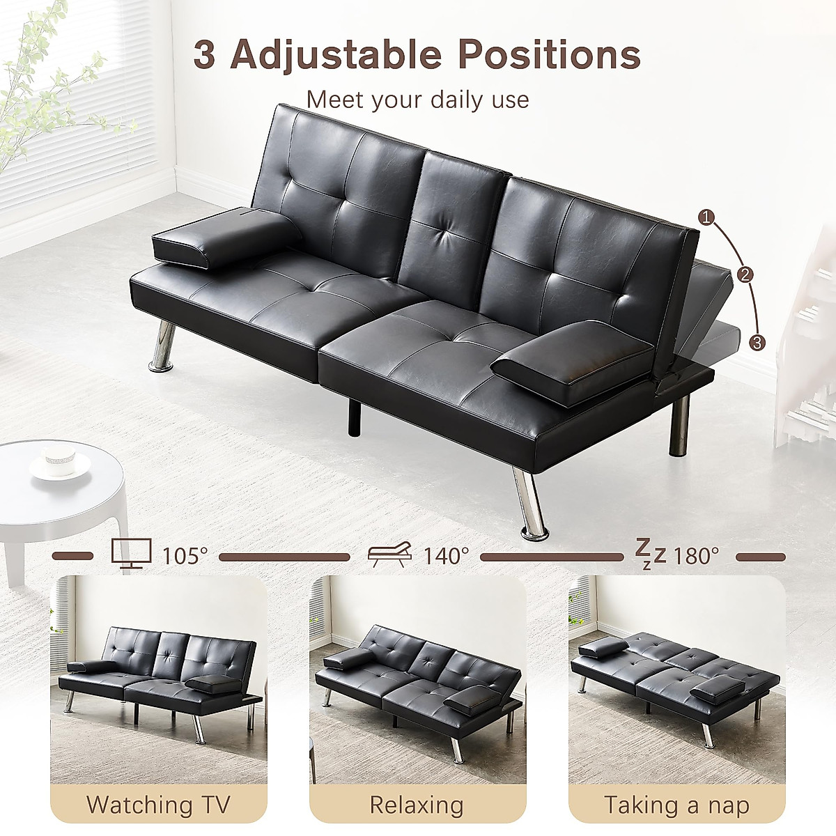 66“ Modern Futon Sofa Bed Couch: Linen Fabric,2 Cup Hodlers,Removable Armrests,Convertible Folding Loveseat Sleeper for Living Room Bedroom Small Space Apartment