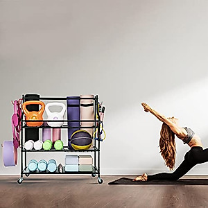 QUSIMI Yoga Mat Equip Storage Rack on Wheel, Dumbbells Kettlebells Workout Storage Weight Rack Cart,Large Home Gym Equipment Multi-use Storage Rack Holder Organizer