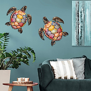 Metal Wall Art Sea Turtle Indoor Outdoor Tropical Wall Sculpture Decor Metal Beach Turtle Art (14 in x 14 in)
