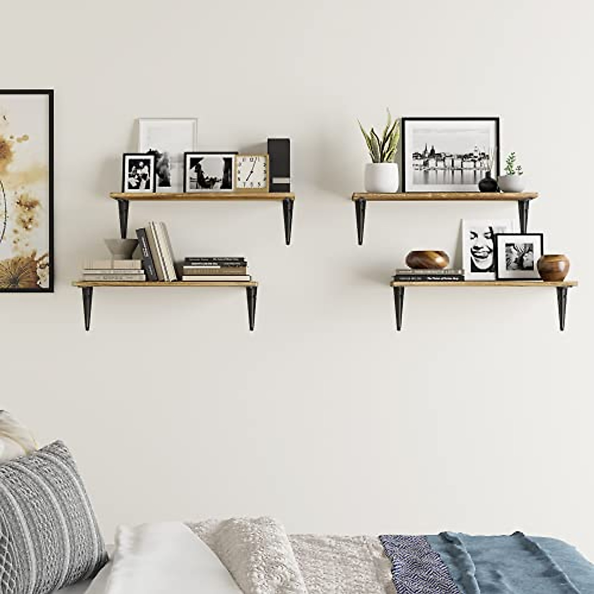 Wallniture Arras 24"x8" Floating Shelves for Wall Storage, Wall Bookshelf for Living Room Decor, Kitchen Organization and Storage Shelves, Bedroom Bookshelves, Burnt Finish Set of 4